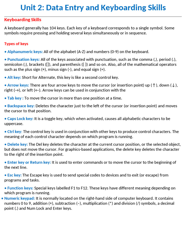 Data Entry & Keyboaring Skill Notes | PDF | Computer Keyboard | Writing ...