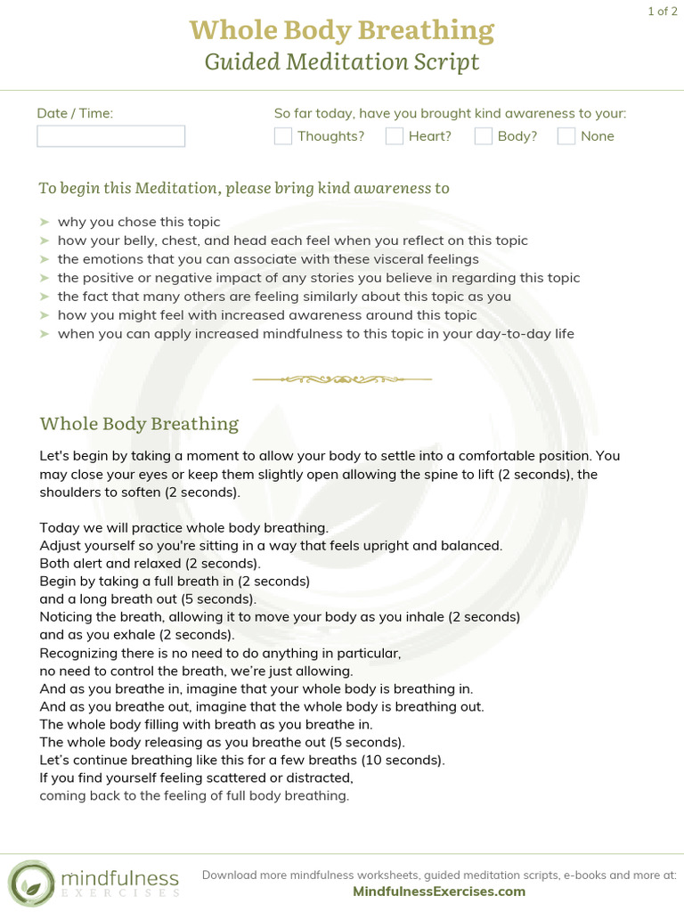 Guided Meditation Script: To Begin This Meditation, Please Bring Kind Awareness To | PDF ...