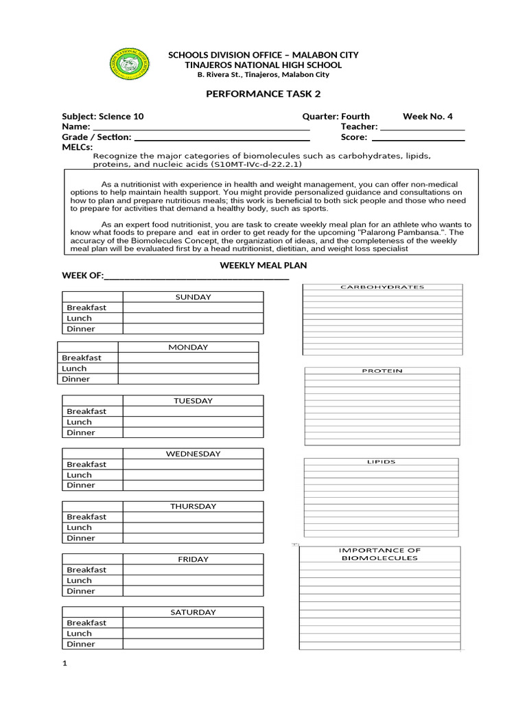 Science Performance-Task-2-4th Quarter - 1 | PDF | Lunch