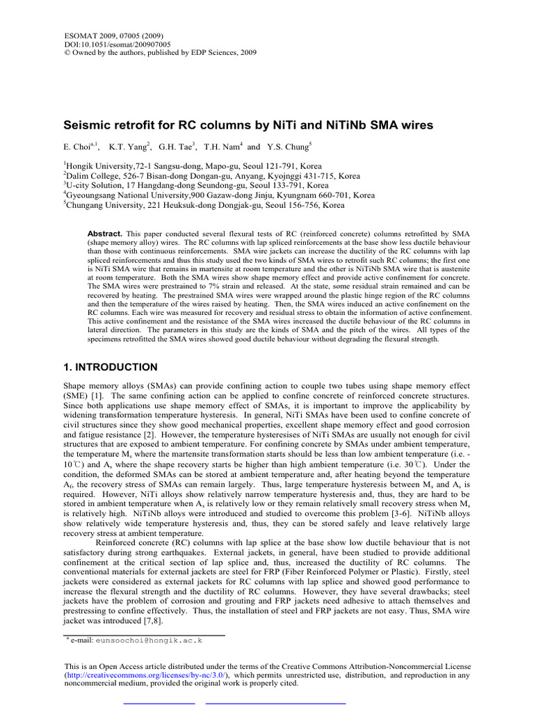 Choi 2009 Seismic Retrofit Of Rc Columns By Niti And Nitinb Sma Wires Pdf Shape Memory Alloy