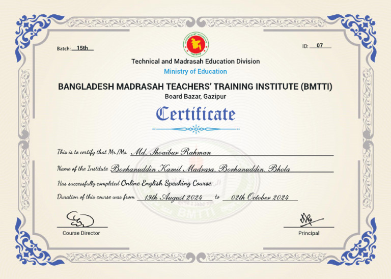 BMTTI Online English Course Certificate | PDF