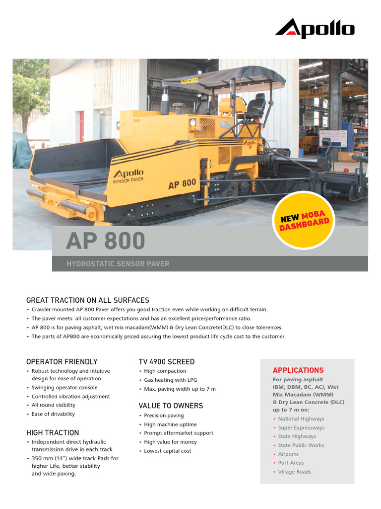 AP 800 Hydrostatic Sensor Paver Specs | PDF | Concrete | Vehicles