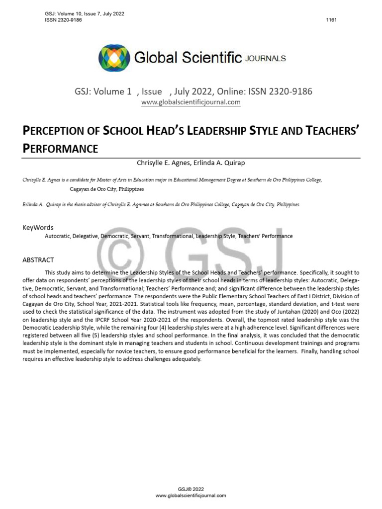 PERCEPTION_OF_SCHOOL_HEAD_S_LEADERSHIP_STYLE_AND_TEACH_ERS_PERFORMANCE | PDF | Leadership | Teachers