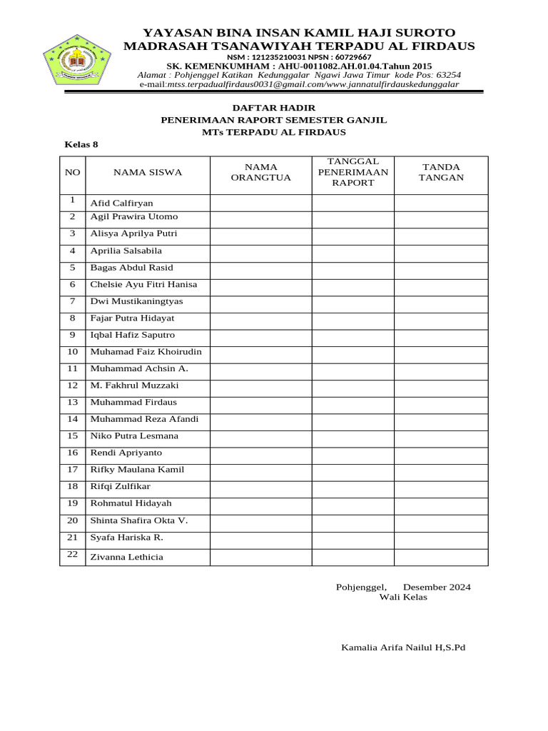 Daftar penerimaan dan pengembalian raport | PDF