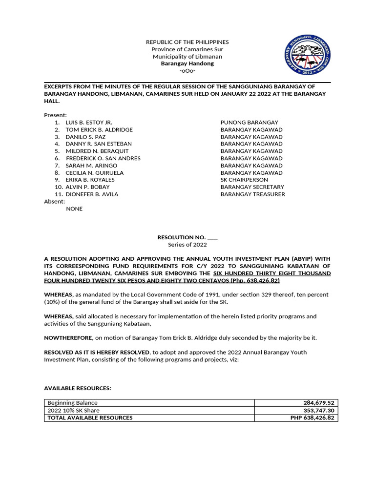 Page-10 BRGY RESOLUTION 08 (ABYIP) 2022 | PDF