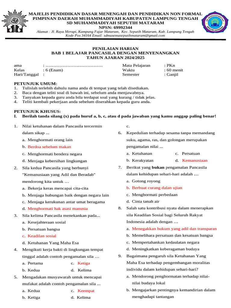 Soal UH PKn Bab 1 kelas 6 2024-2025 | PDF