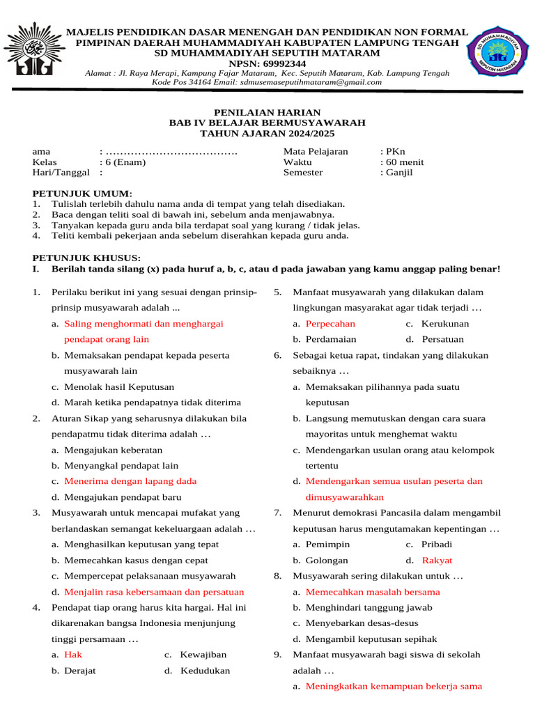 Soal UH PKN Bab 4 Kelas 6 2024-2025 | PDF