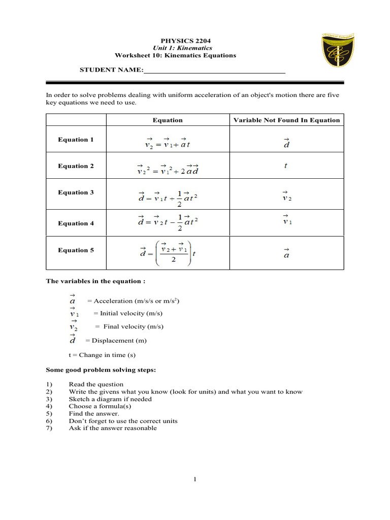 Physics 2204 Kinematics Worksheet 10 Problem Solving Kinematic ...
