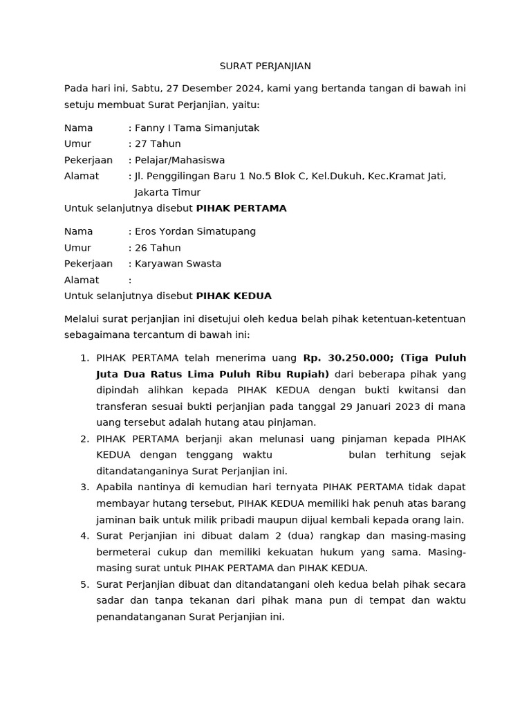 Surat Perjanjian Hutang Piutang Nisa | PDF