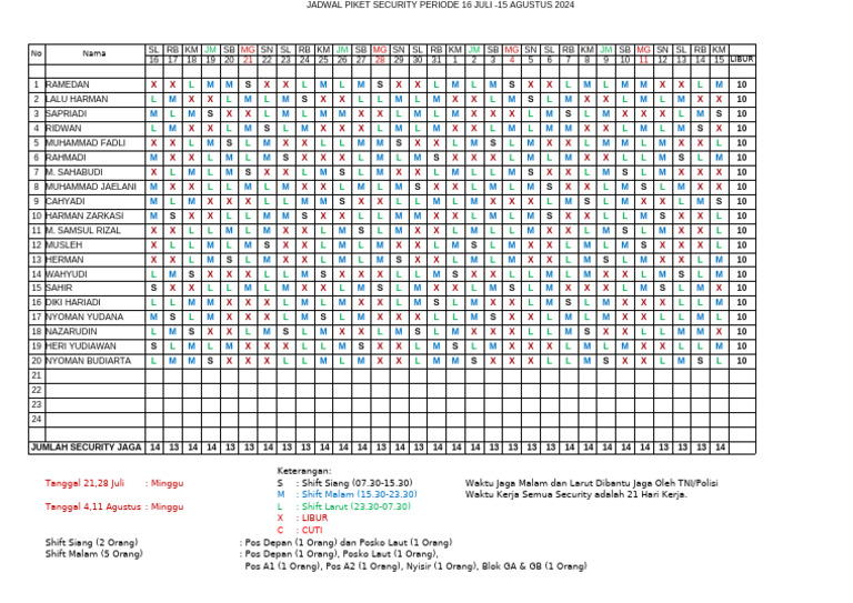 Jadwal Bulanan Security 16 Juli - 15 Agustus 2024 | PDF