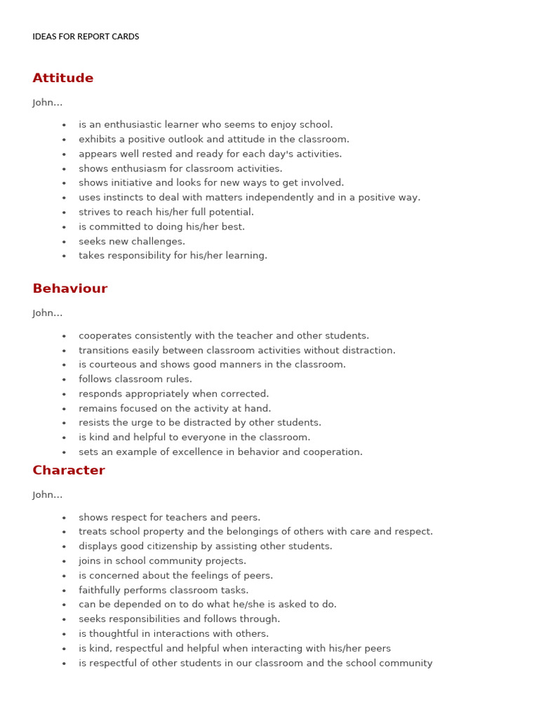 IDEAS FOR REPORT CARDS | PDF | Classroom | Teachers
