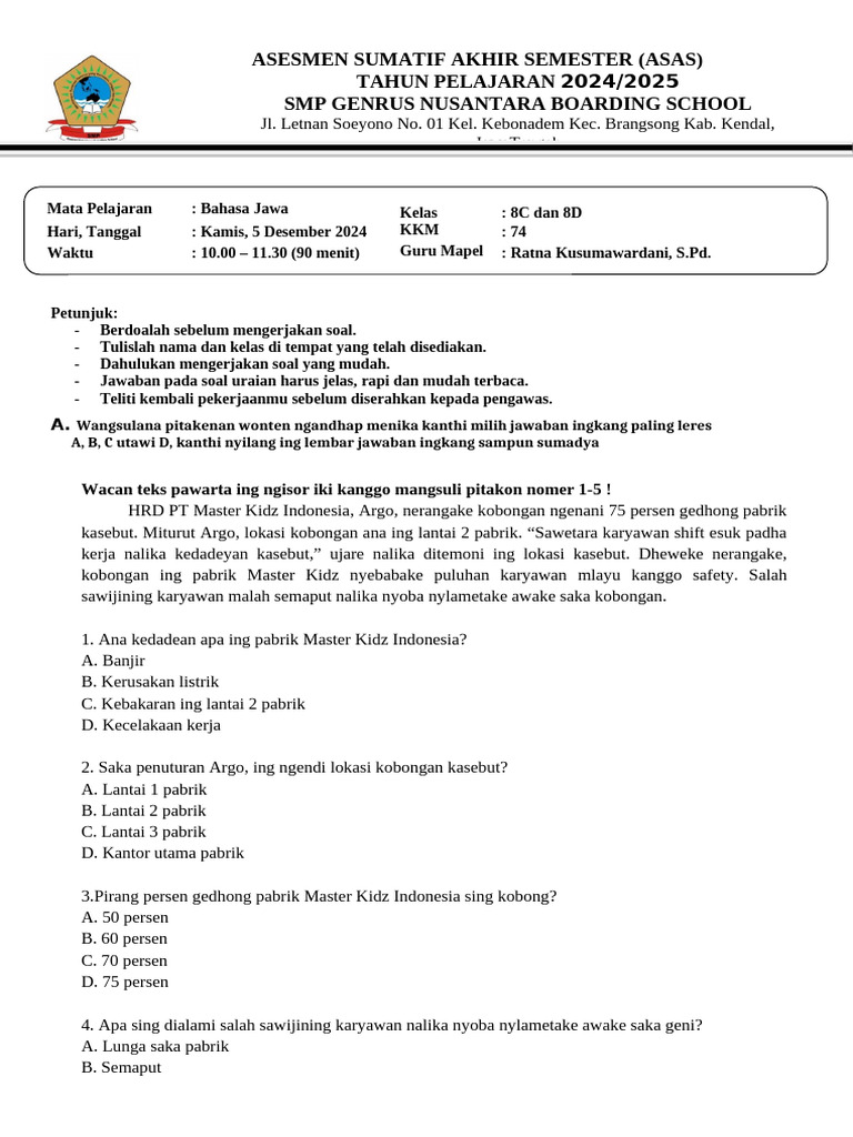 Soal ASAS BJ 8C dan 8D 2024 | PDF