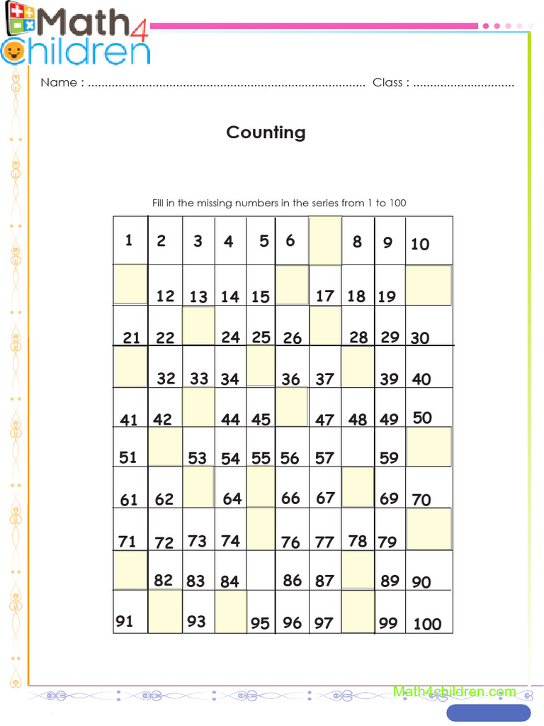 Counting - Up To 100 Find Missing Numbers 002 | PDF