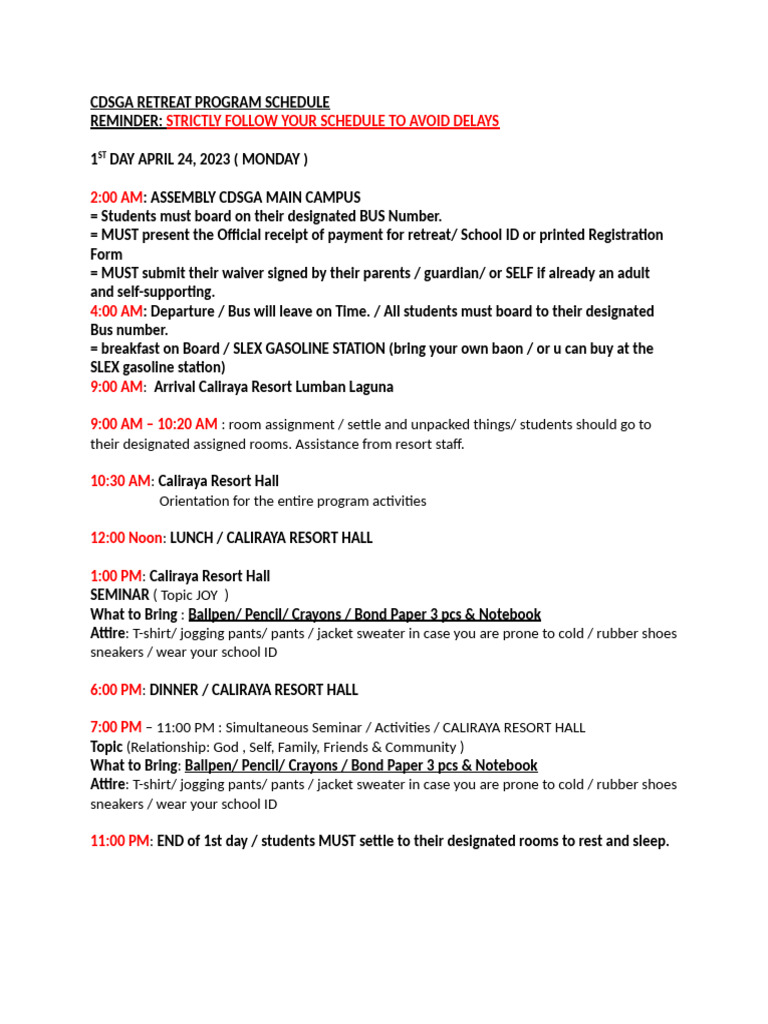 CDSGA-RETREAT-PROGRAM-SCHEDULE-WITH-BUS-NUMBER | PDF