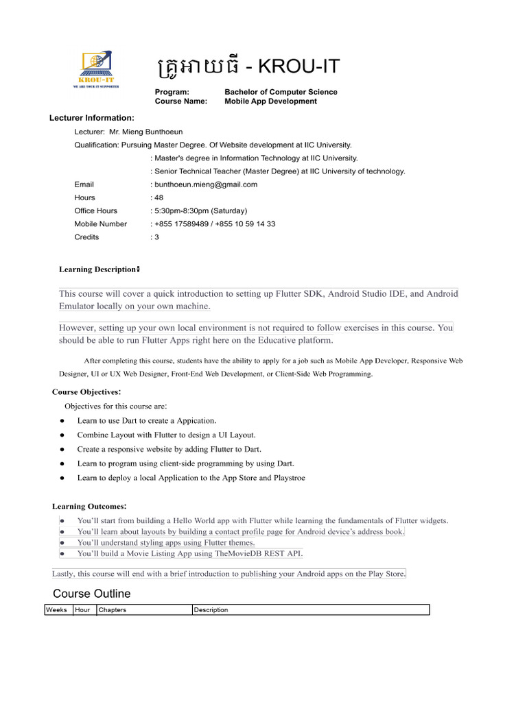 Flutter & Dart Development Course Outline | PDF | Software Development | Software