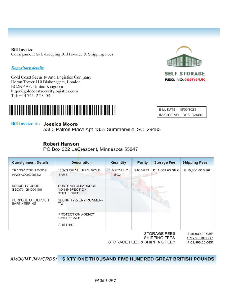 Storage Fees & Shipping Charges Invoice. | PDF