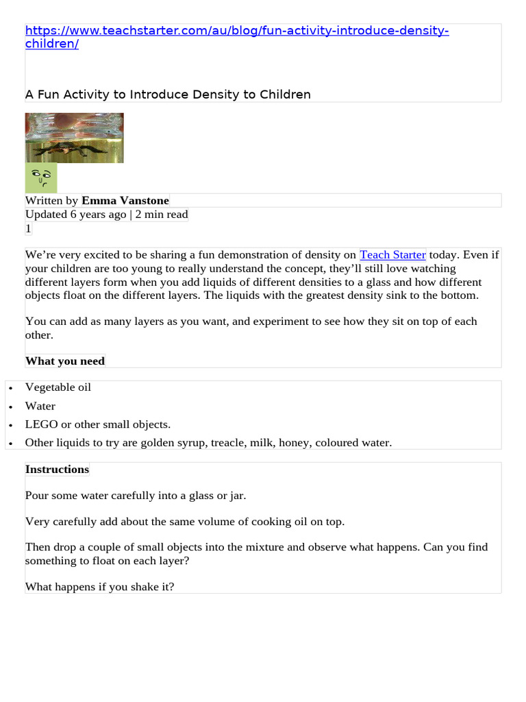 A Fun Activity To Introduce Density To Children: Emma Vanstone | PDF | Density | Matter
