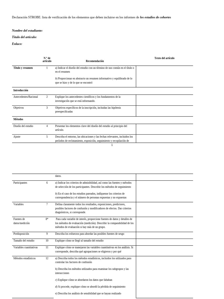 Actividad en Clase STROBE - Checklist - Cohort ESP | PDF | Estadísticas ...