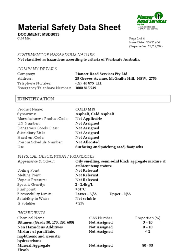 Cold Mix Asphalt MSDS Safety Guide | PDF | Asphalt | Personal Protective Equipment