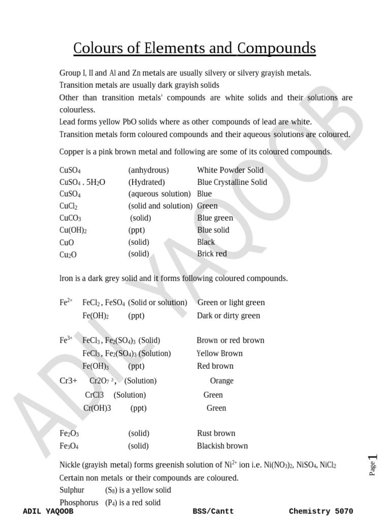 Colours of Elements and Compounds | PDF | Chlorine | Sets Of Chemical ...