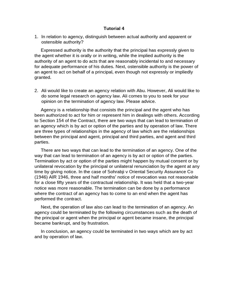 Elfiona Cowell Binti Mandun - Tutorial 4 | PDF | Law Of Agency | Business