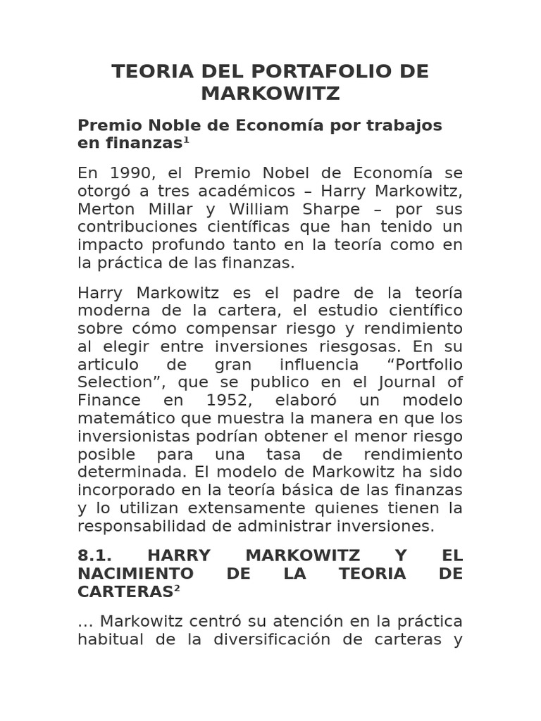 Teoría de Carteras de Markowitz | PDF | Portafolio (Finanzas) | Economias