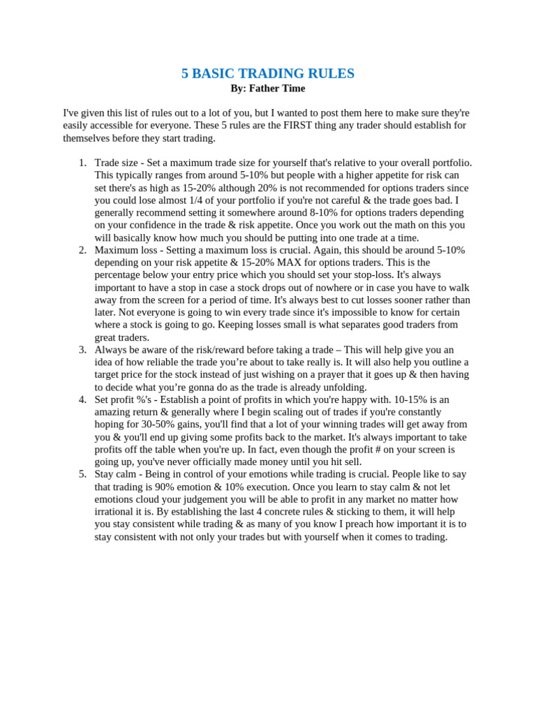 5 Basic Trading Rules | PDF | Option (Finance) | Stocks