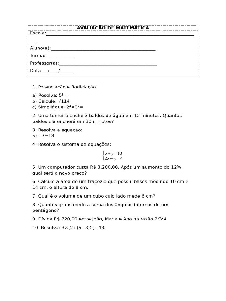 Avaliação de Matemática - 8 Ano | PDF