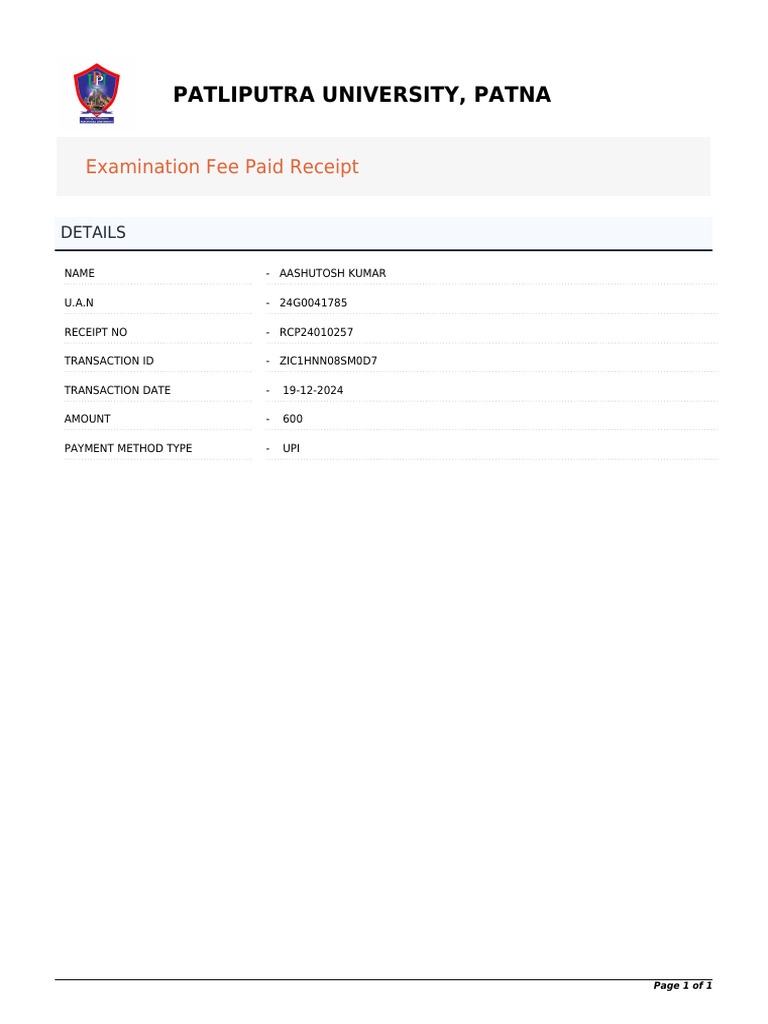 Patliputra University, Patna: Examination Fee Paid Receipt | PDF