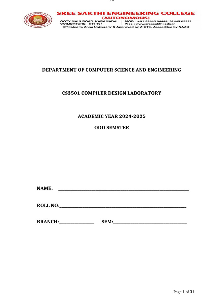 COMPILER DESIGN LAB RECORD | PDF | Computer Program | Programming