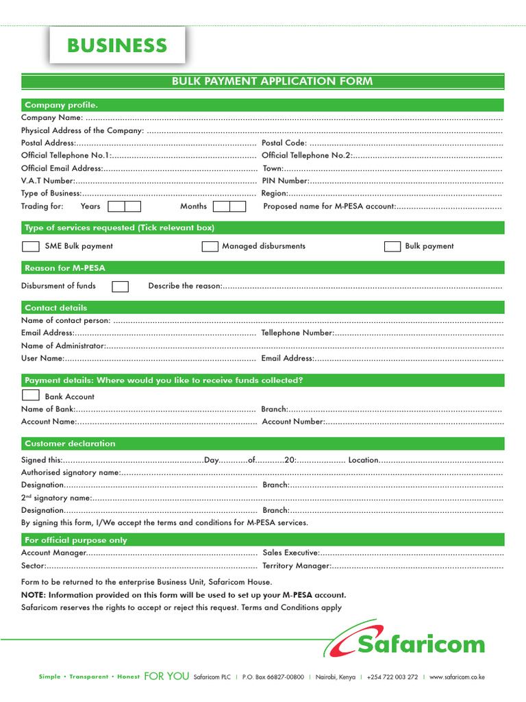 M-PESA Bulk Payment Application Form | PDF | Service Industries