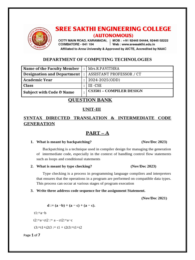 CS3501 CD QB-UNIT 3 | PDF | Parsing | Compiler