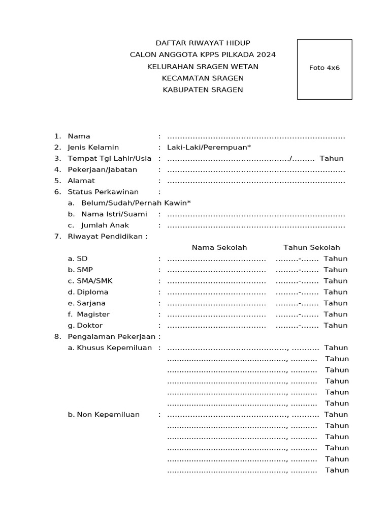 Formulir Daftar Riwayat Hidup - KPPS | PDF