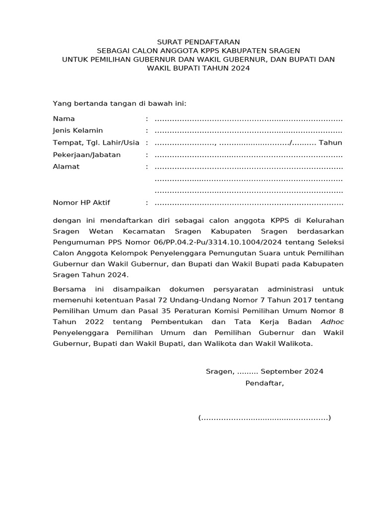 Formulir Surat Pendaftaran - KPPS | PDF