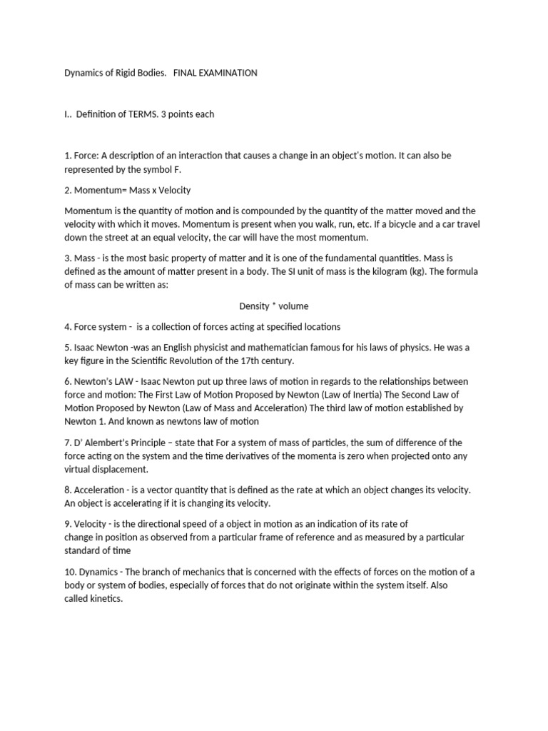 Dynamics of Rigid Bodies. Final Examination. May 2022 | PDF | Force | Newton's Laws Of Motion