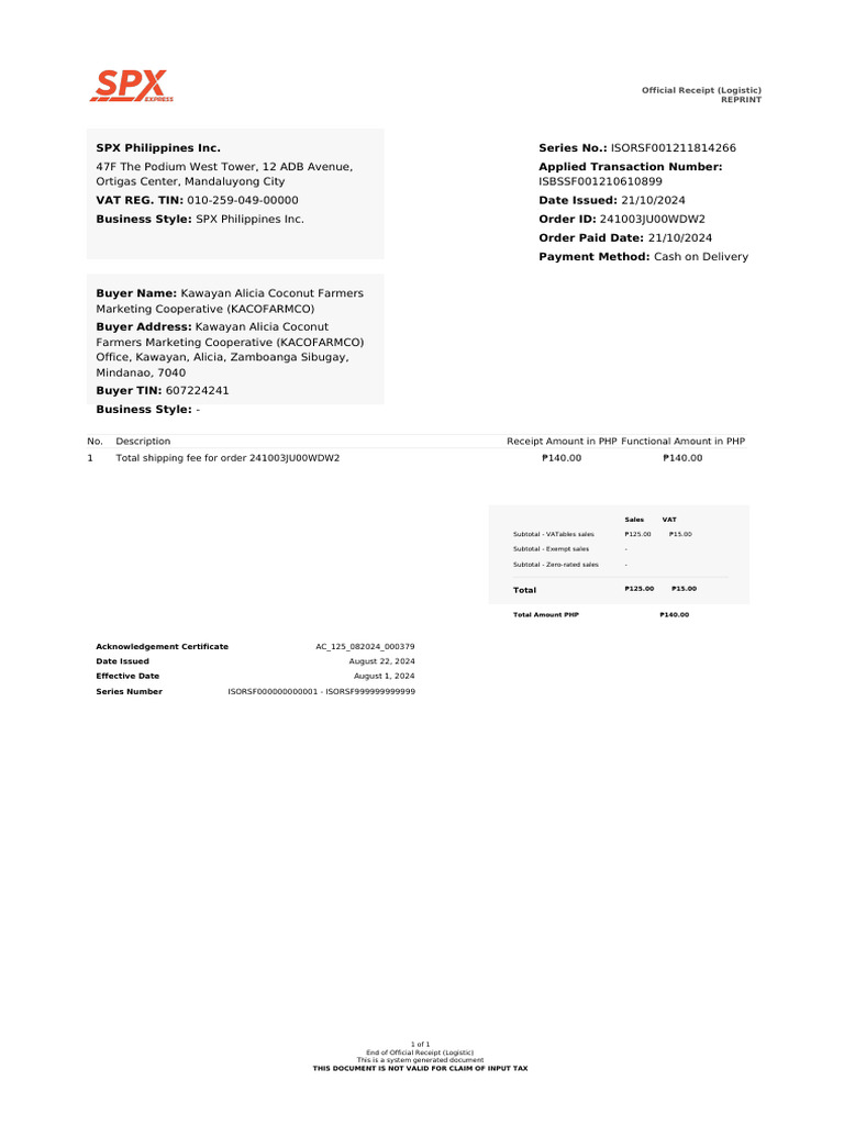 SPX Philippines Inc. Official Receipt | PDF | Receipt | Value Added Tax