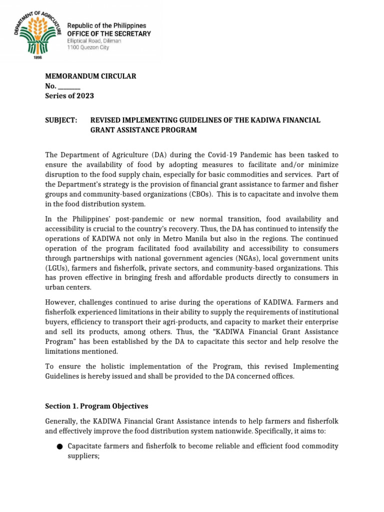 Kadiwa Grant Program Guidelines Working Docs | PDF | Cooperative | Logistics