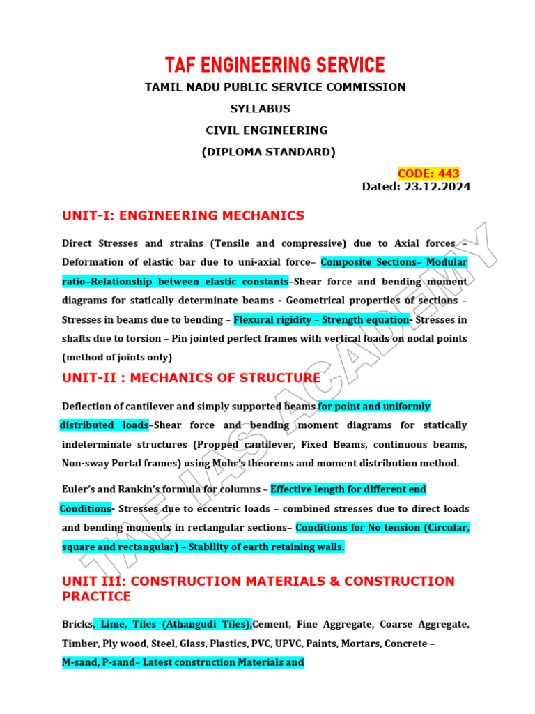 TNPSC Civil Engineering Diploma Syllabus | PDF | Beam (Structure) | Bending