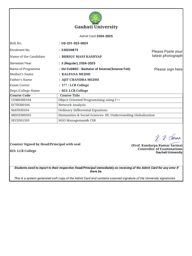 Gauhati University Admit Card 2024-25 | PDF