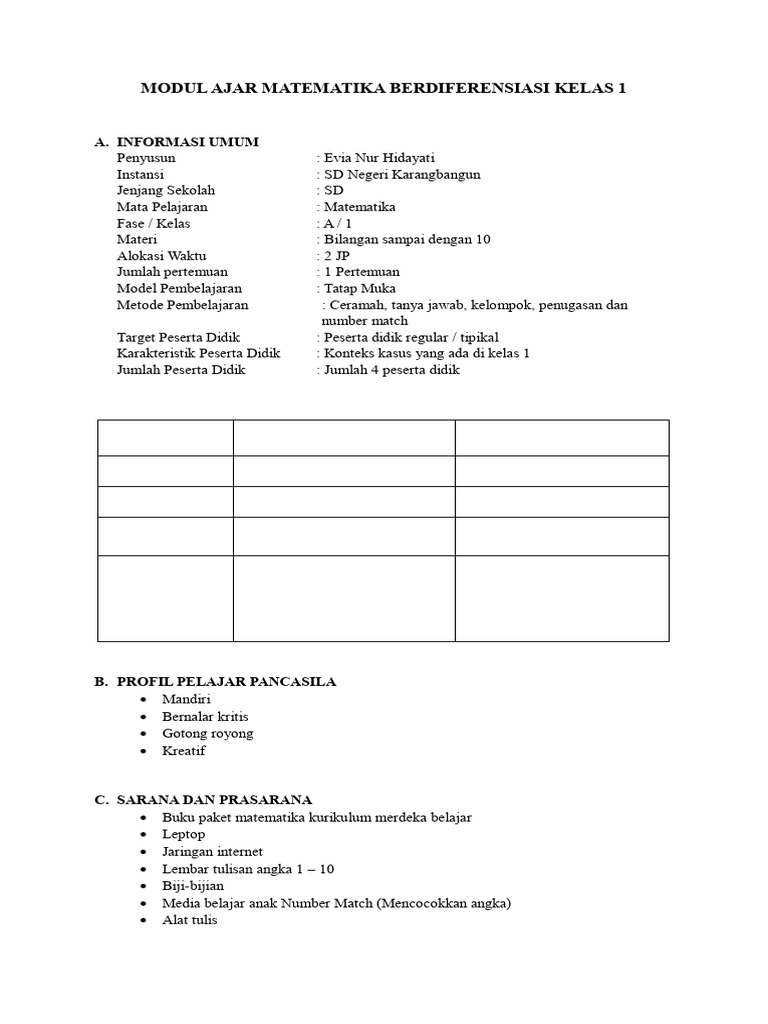 Modul Ajar Matematika Berdiferensiasi Kelas 1 | PDF