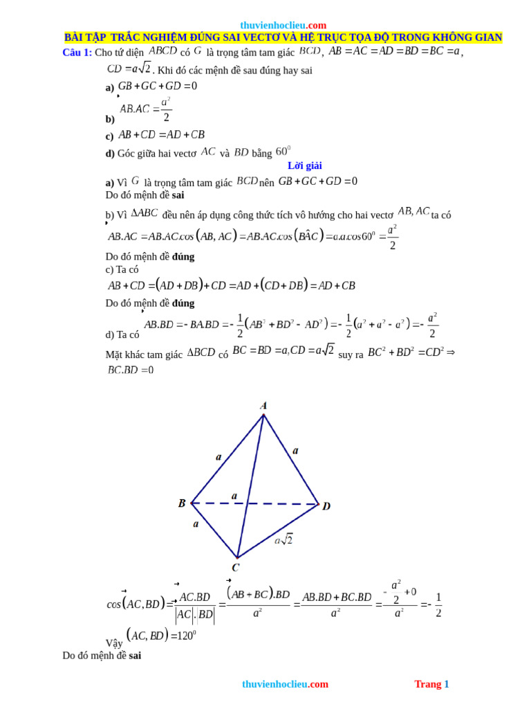 70 Bai Tap Trac Nghiem DUNG SAI Vecto Va He Truc Toa Do Trong Khong Gian | PDF