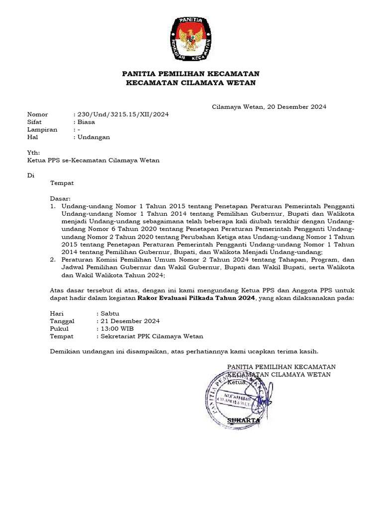 Undangan Rakor Evaluasi Pilkada 2024 | PDF