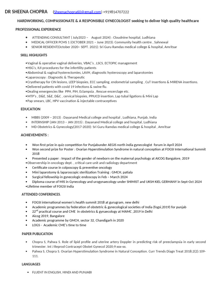 Dr Sheena Cv- Latest | PDF | Medical Specialties | Human Reproduction