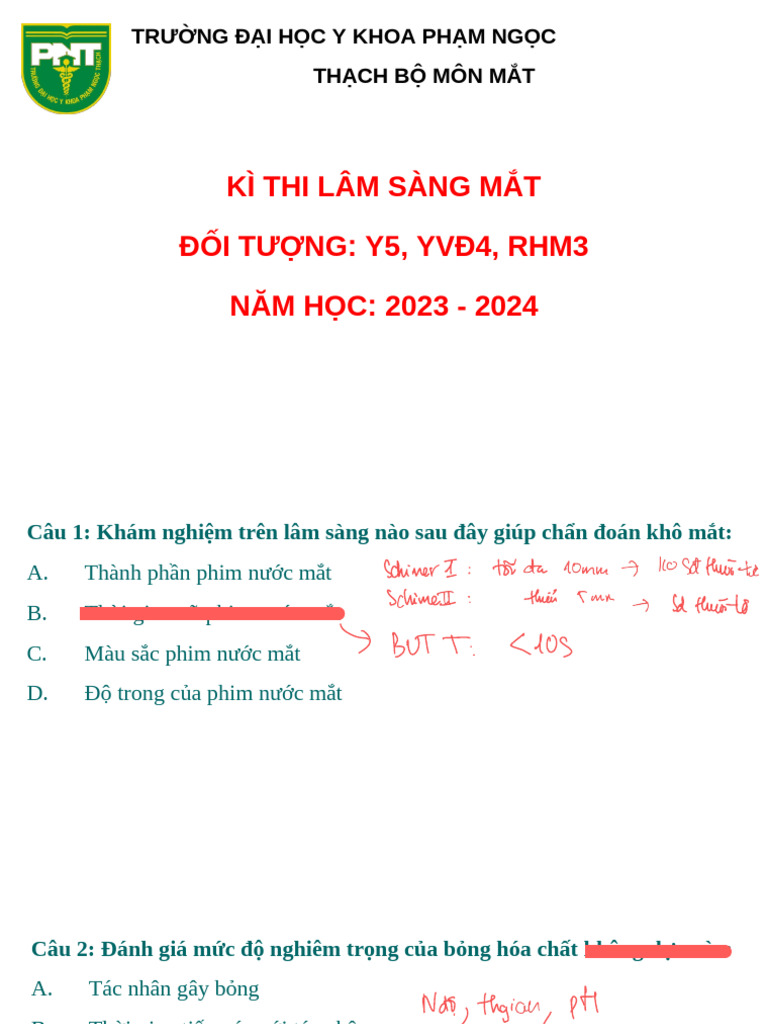 ĐỀ THI LS MẮT Y5 2023 - 2024 007 | PDF