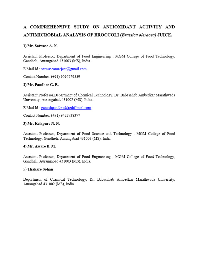 A Comprehensive Study on Antioxidant Activity and Antimicrobial Analysis of Broccoli (Brassica ...