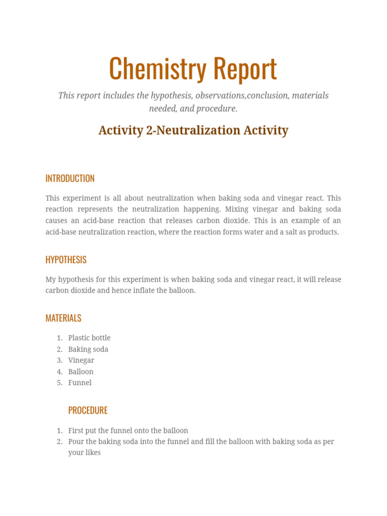 Baking Soda and Vinegar Neutralization Experiment | PDF