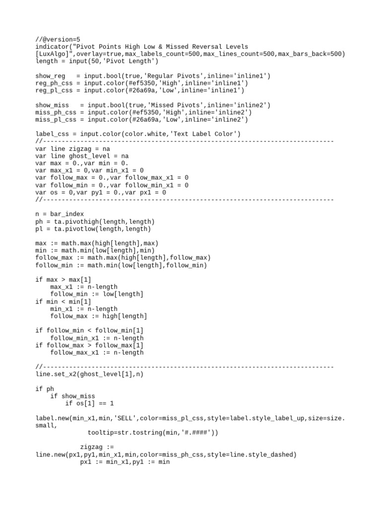 ORIG=Pivot Points High Low & Missed Reversal Levels [LuxAlgo] | PDF | Computer Programming
