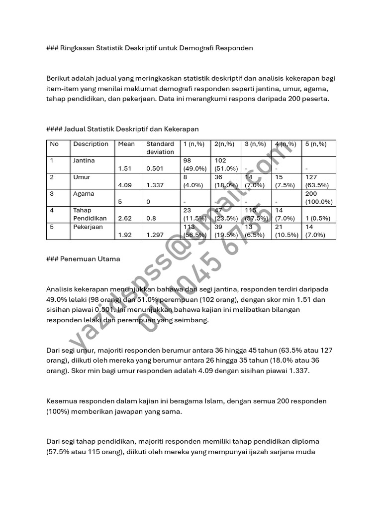 Contoh Ringkasan Statistik Deskriptif Untuk Demografi Responden - Perkhidmatan Analisis Data | PDF