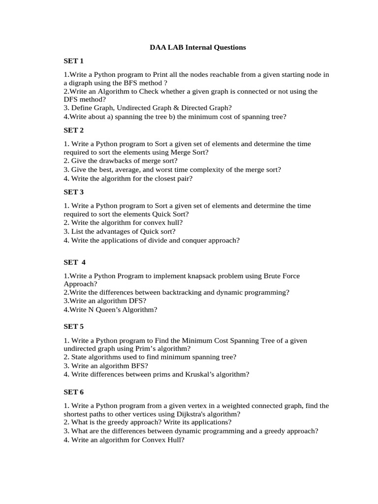 DAA LAB Internal Questions - 2024 | PDF | Dynamic Programming | Algorithms